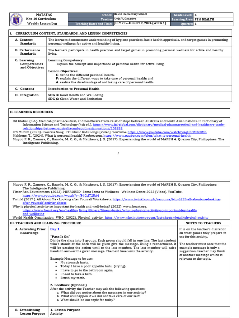 DLL Matatag - Pe&health 4 Q1 W1 | PDF | Mental Health | Physical Fitness