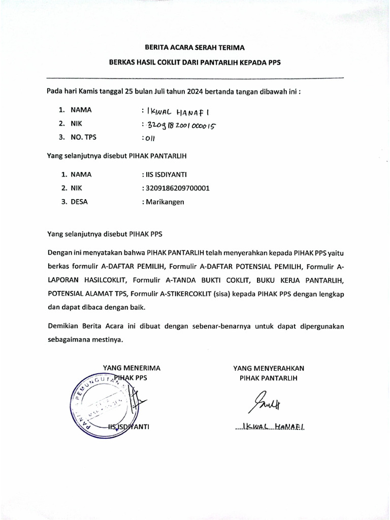 Berita Acara Ikwal Hanafi Tps 011 2 | PDF