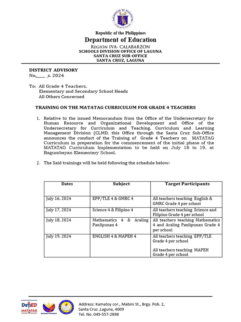 District Advisory On Training MATATAG Edited3 | PDF | Curriculum
