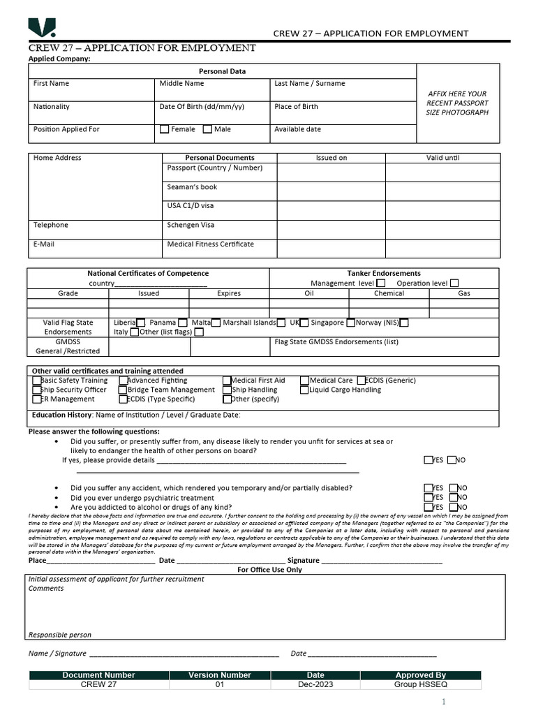 Crew 27 - Application Form | PDF | Oil Tanker | Shipping