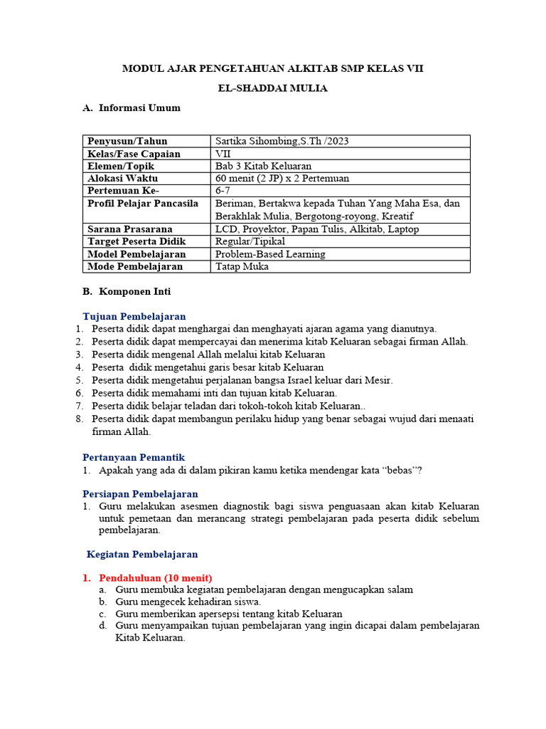 RPP Pengetahuan Alkitab Kelas VII-IX | PDF