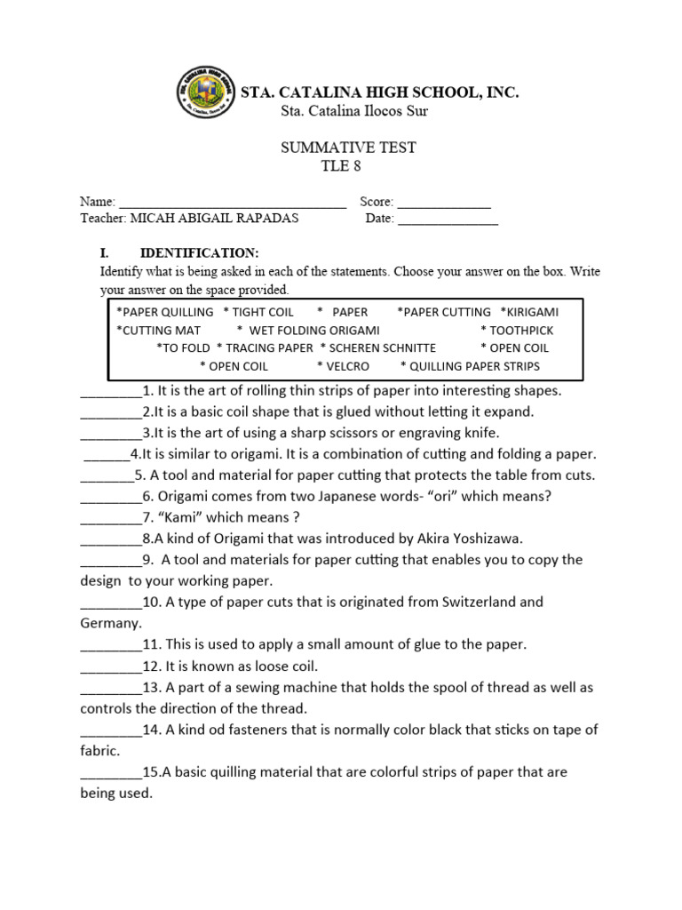 LONG QUIZ GRADE 8 | PDF | Origami | Stationery