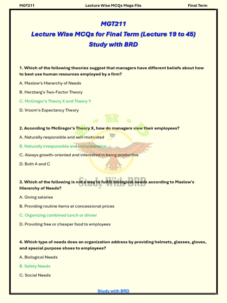 MGT211 Lecture Wise MCQs For Final Term by Study With BRD | PDF ...