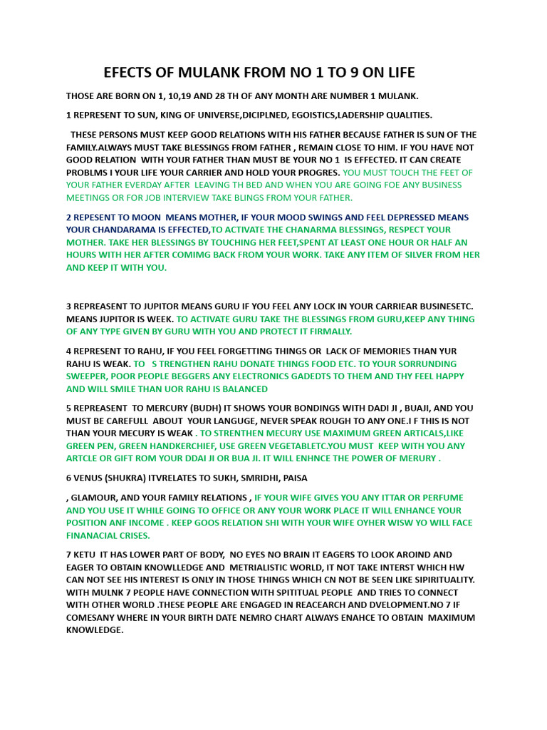 Efects of Mulank From No 1 To 9 On Life | PDF | Planets In Astrology ...