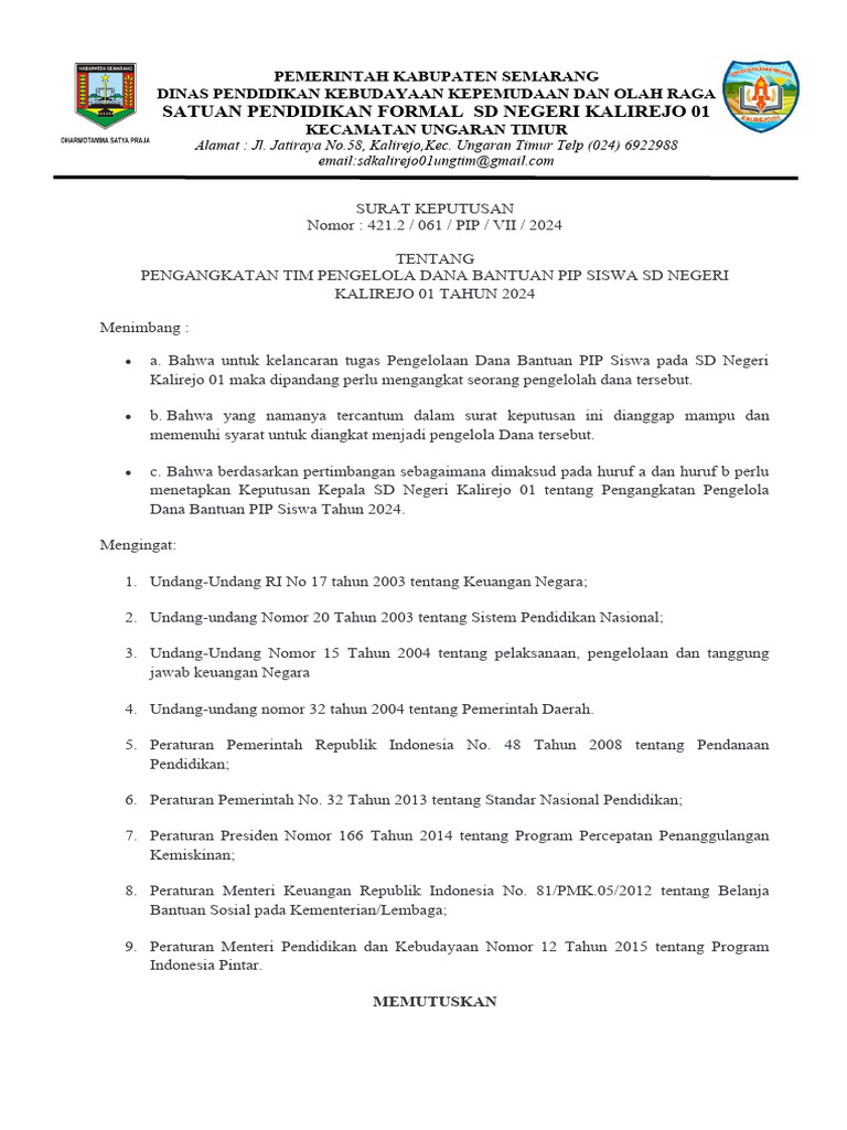 Contoh SK Tim PIP Tahun 2024 | PDF