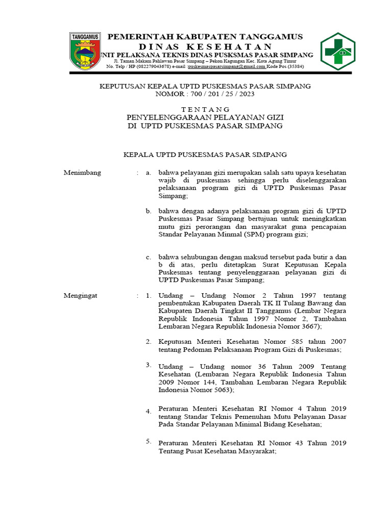 SK Penyelenggaraan Pelayanan Gizi | PDF