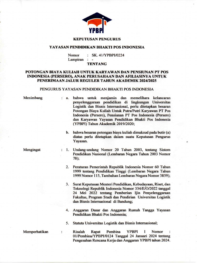 41 SK Potongan Biaya Kuliah Untuk Karyawan Dan Pensiunan PT Pos ...