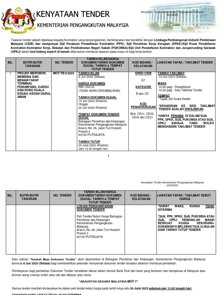 TAWARAN TENDER PROJEK MEROBOH,MEMBINA DAN MENAIKTARAF TERMINAL PENUMPANG,KARGO DAN RORO KUALA ...