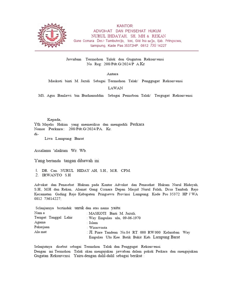 CONTOH Jawaban Termohon Dan Gugatan Rekonvensi | PDF | Politik | Ilmu ...