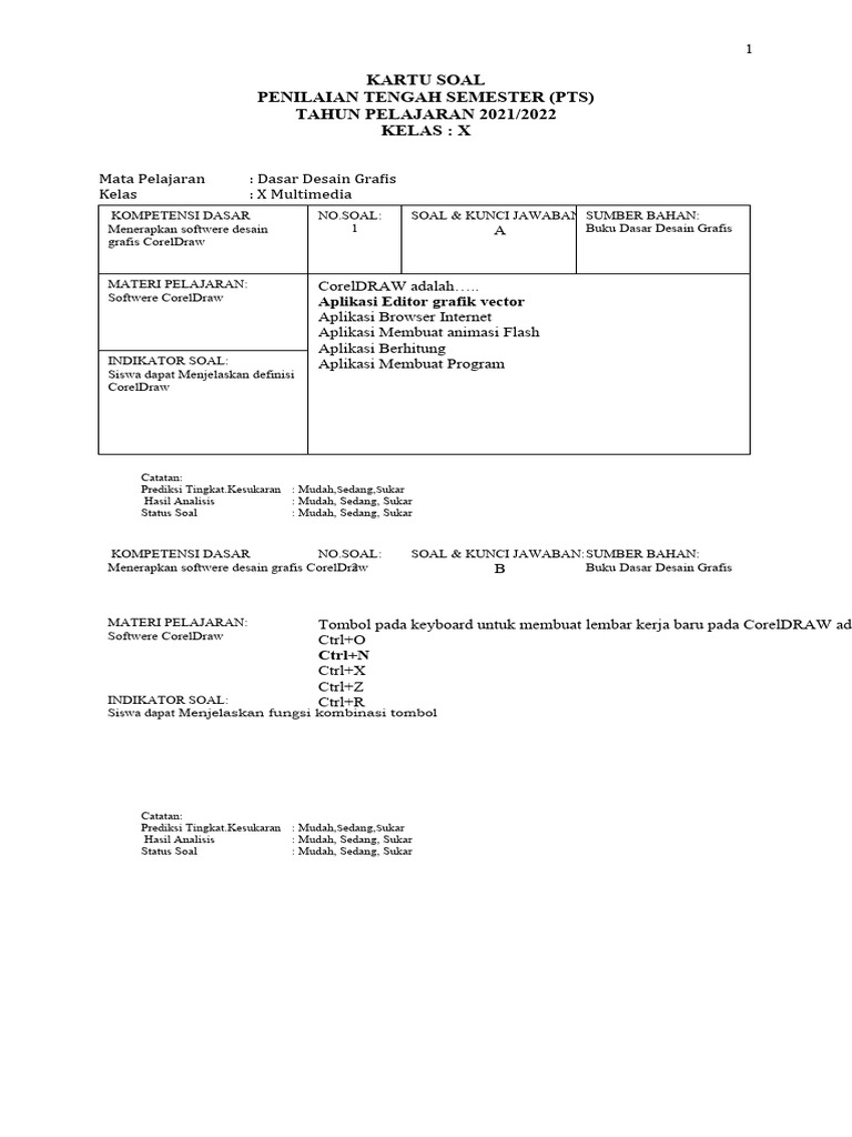 Kartu Soal PTS DDG | PDF