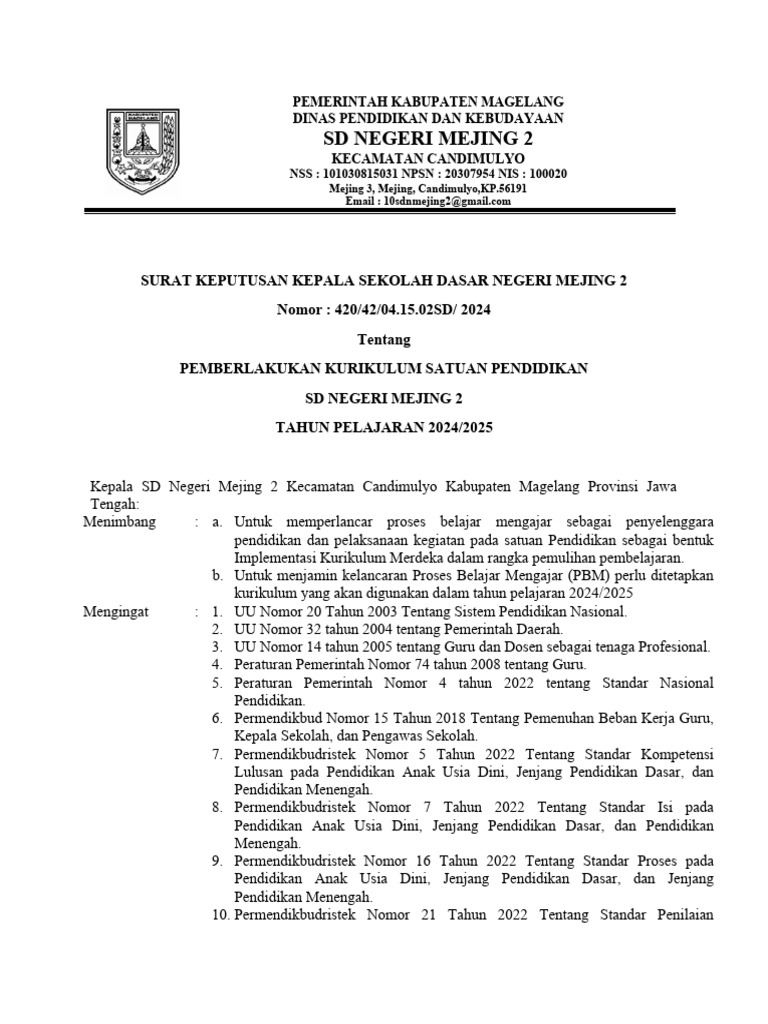 4.SK Pemberlakuan Kurikulum | PDF
