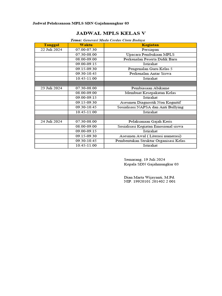 Jadwal Pelaksanaan MPLS Kelas 5 | PDF