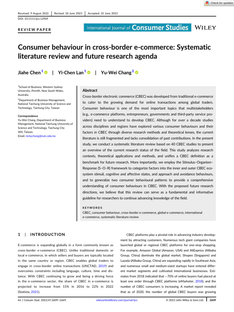 Bai 2. Int J Consumer Studies - 2023 - Chen - Consumer Behaviour in Cross Border e Commerce ...