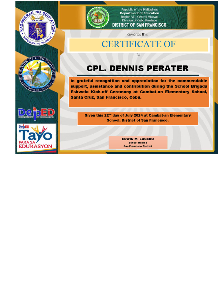 BRIGADA ESKWELA CERTIFICATE 2024 | PDF