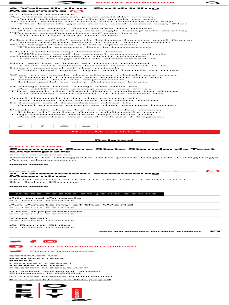 A Valediction Forbidding Mourning by John Donne Poetry Foundation | PDF