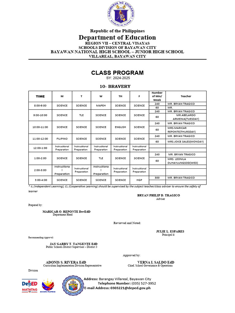 BryanTragico CLASS PROGRAM 2024 2025 | PDF | Philippines | Learning