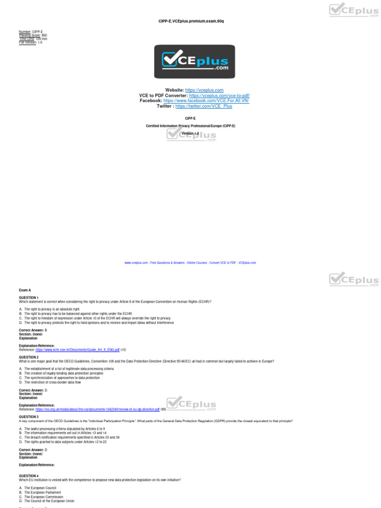 CIPP/E Exam Overview and Questions | PDF | Privacy