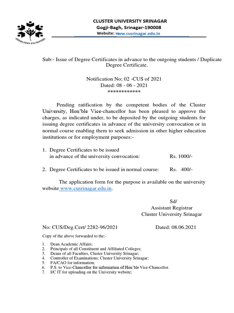 Degree Certificate Form CUS | PDF