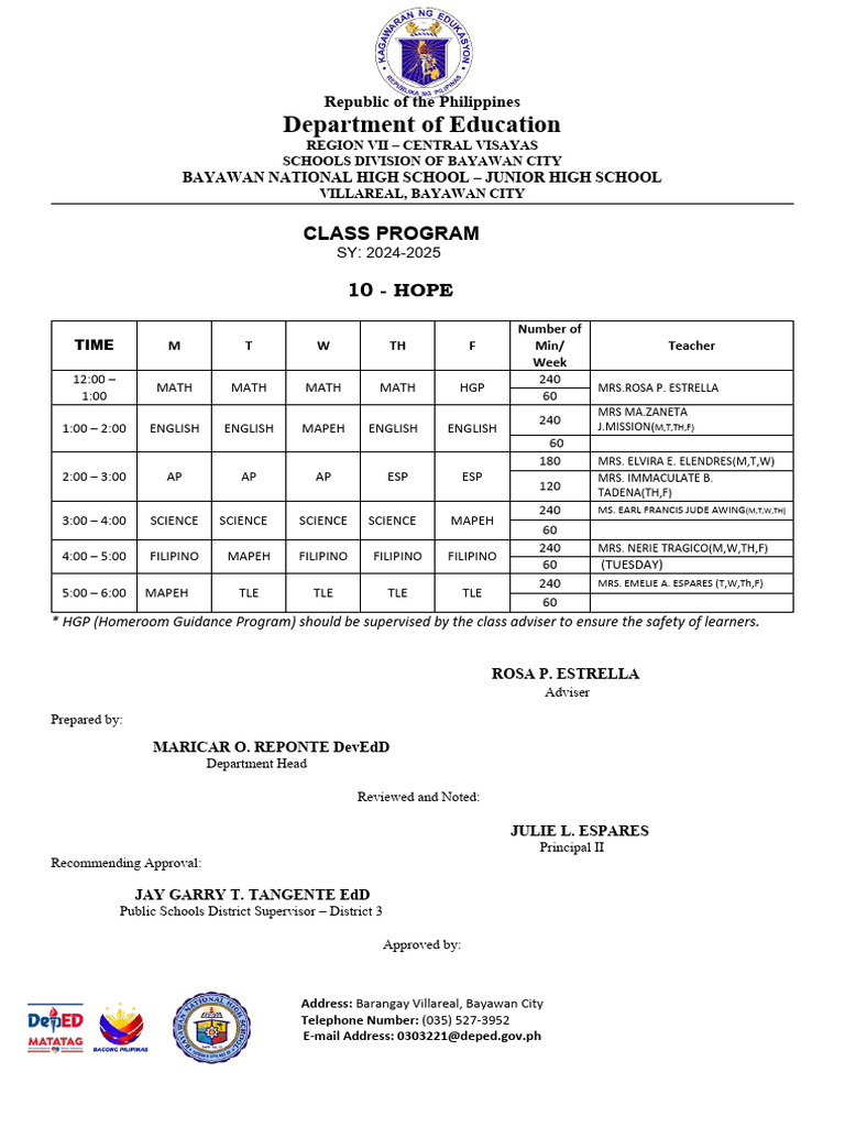 ESTRELLA-Class-Program_JHS-2024-2025 | PDF | Teachers | Behavior ...