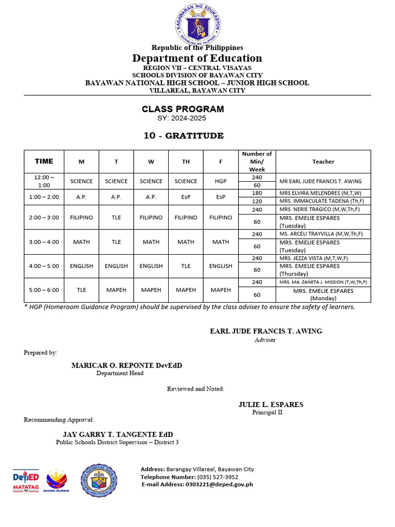 Awing Class Program - JHS 2024 2025 | PDF | Teachers | Behavior Modification