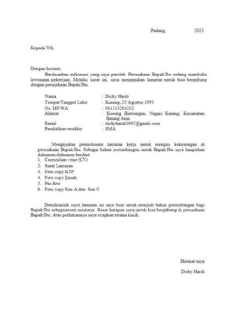 Lamaran Dicky Hardi | PDF