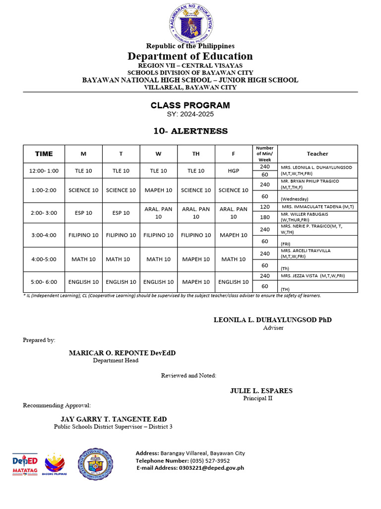 G10 Class Program - JHS - AlertnessMagnanimityMagnificence | PDF ...