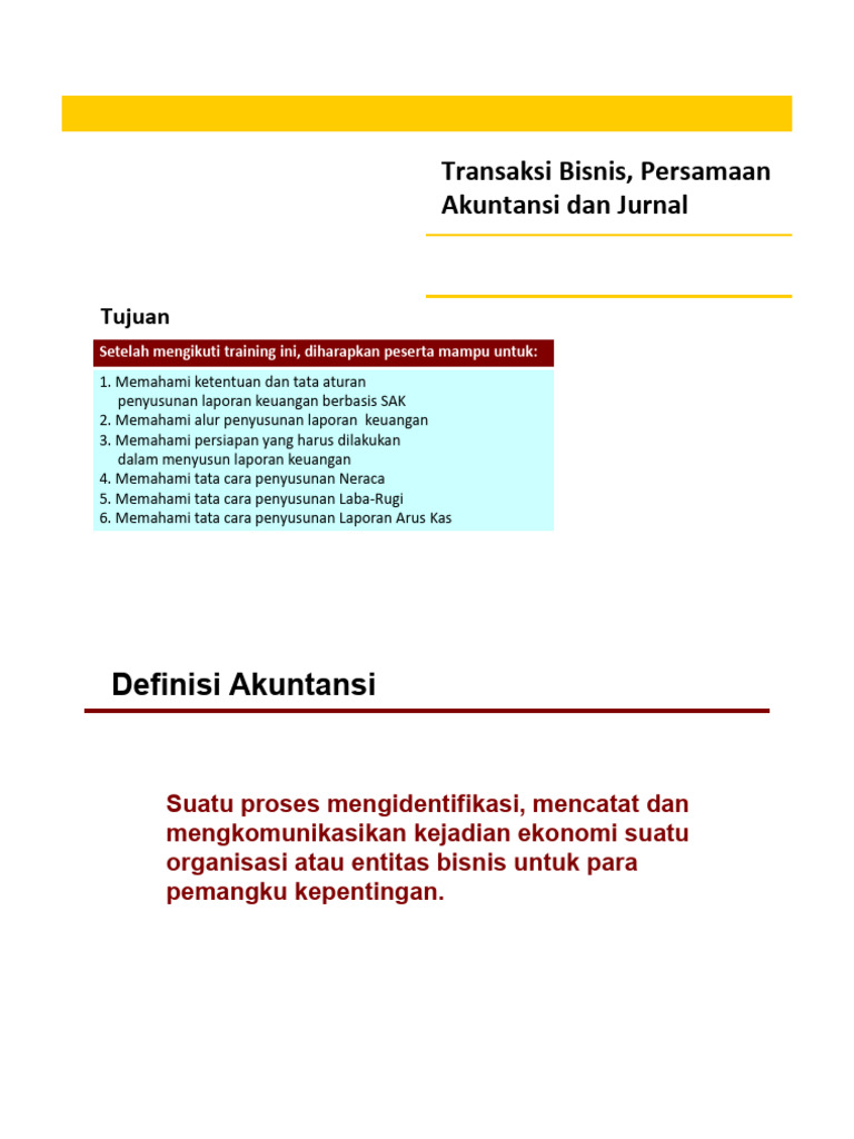 Kul 2 Transaksi Bisnis, Persamaan Akuntansi, Dan Jurnal | PDF | Pengelolaan Keuangan & Uang
