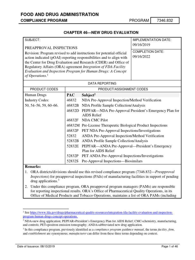 FDA - Inspection Program 7346.832 Preapproval Inspection From 2019 to ...