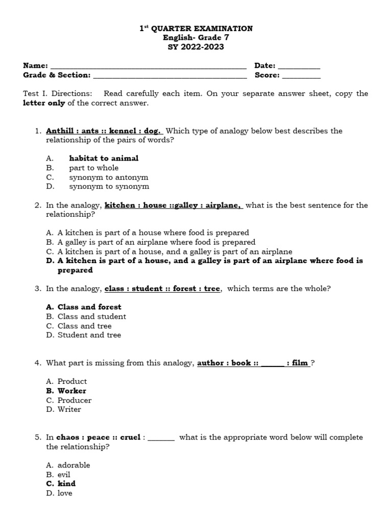 1ST Quarter TQ - AnswerKey G7 | PDF | Sentence (Linguistics) | Verb