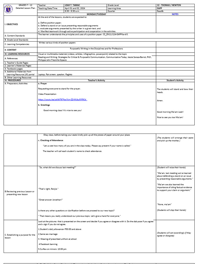 12 POSITION PAPER | PDF | Argument | Learning