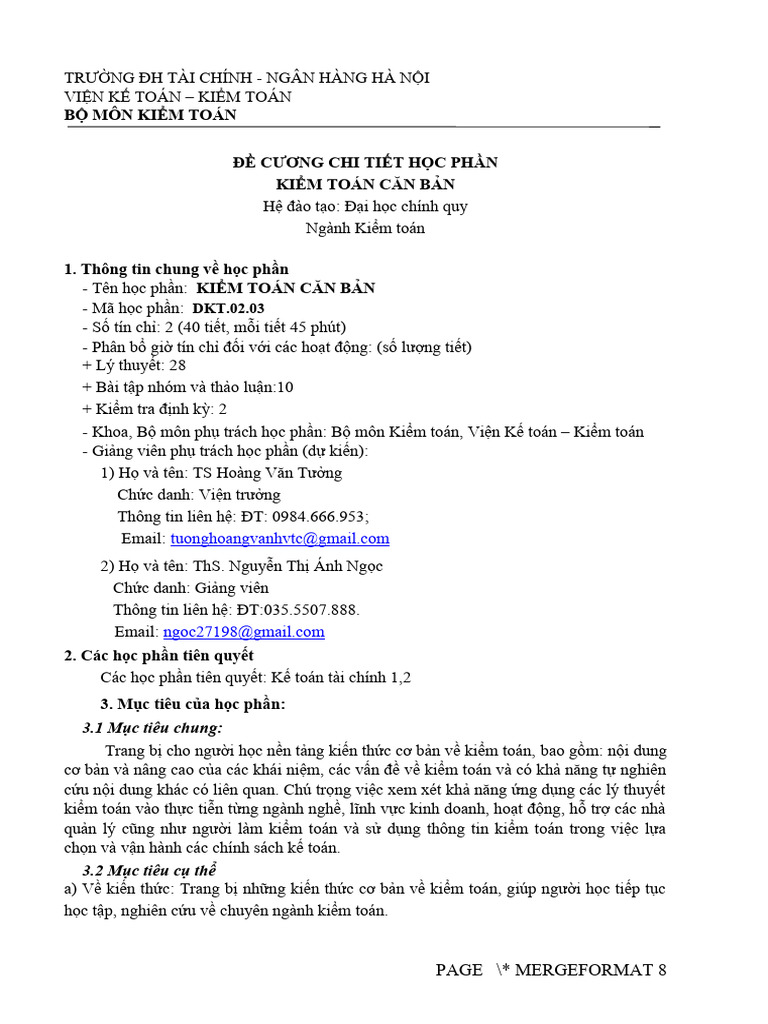 Đề cương ngành Kiểm toán - KTCB cho ngành Luật KT | PDF