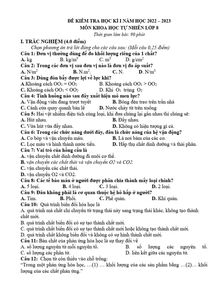 De Thi HK1 KHTN 8 KNTT | PDF