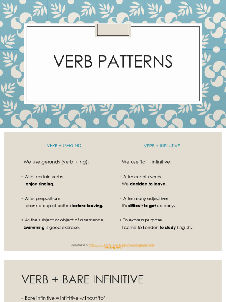 VERB PATTERNS -- GRAMMAR | PDF | Verb | Semantic Units