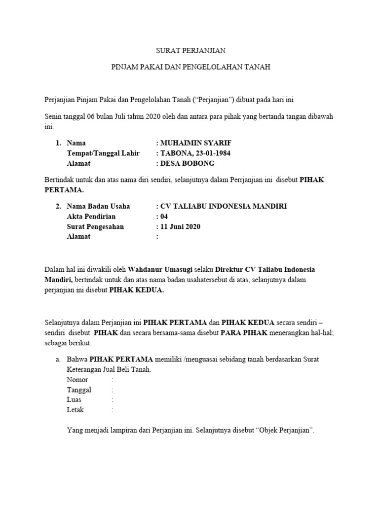 SURAT PERJANJIAN Pinjam Pakai Tanah | PDF