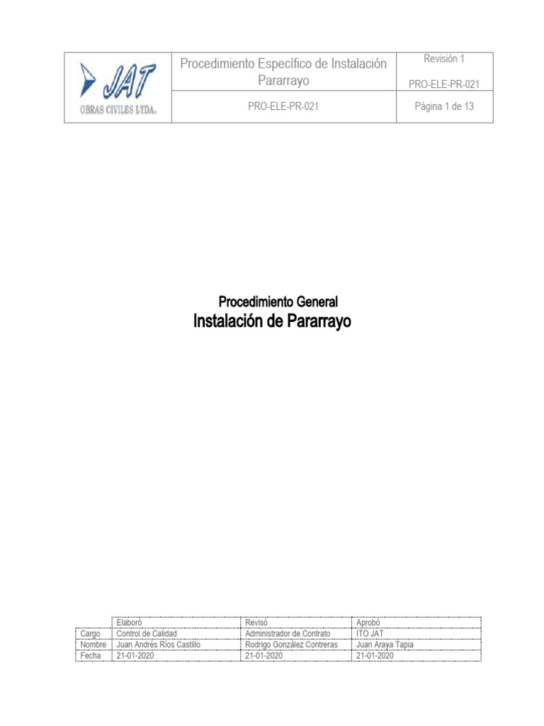 PRO-ELE-PR-021 - REV - 1 Instalación Pararrayo | PDF | Seguridad y salud ocupacional | Cobre