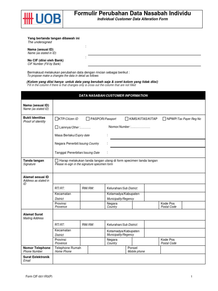 Lampiran 1 Formulir Perubahan Data Nasabah Individu CIF 011R3 (P) | PDF