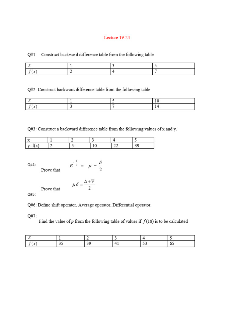 Practice Questions (LEc. 19 To 30 | PDF | Finite Difference | Mathematical Relations