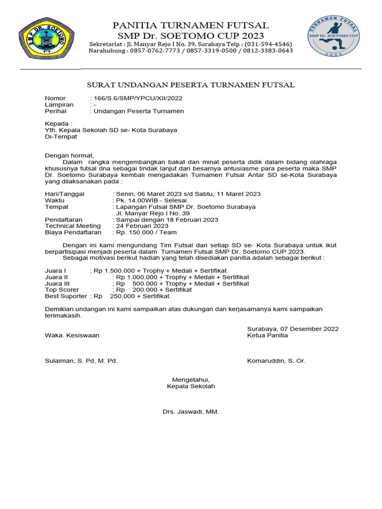Surat Undangan Peserta Turnamen Futsal | PDF