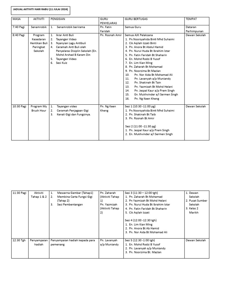 Jadual Hari Rabu Dan Khamis | PDF