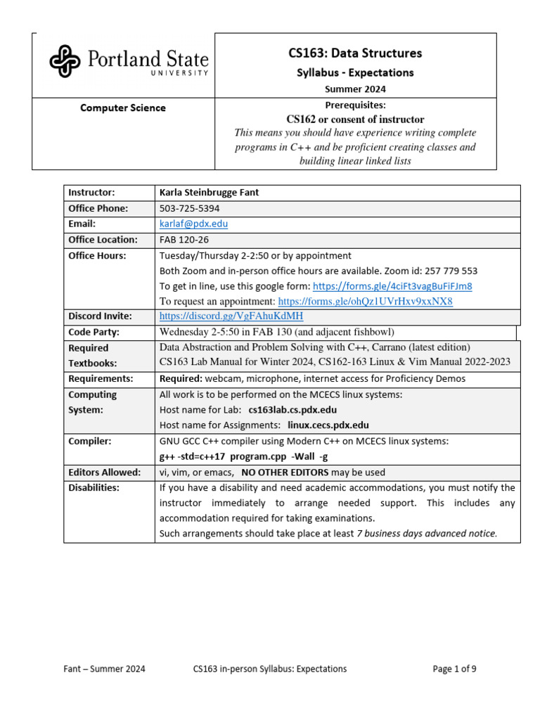 CS163 Data Structures Syllabus 2024 | PDF | C++ | Computing