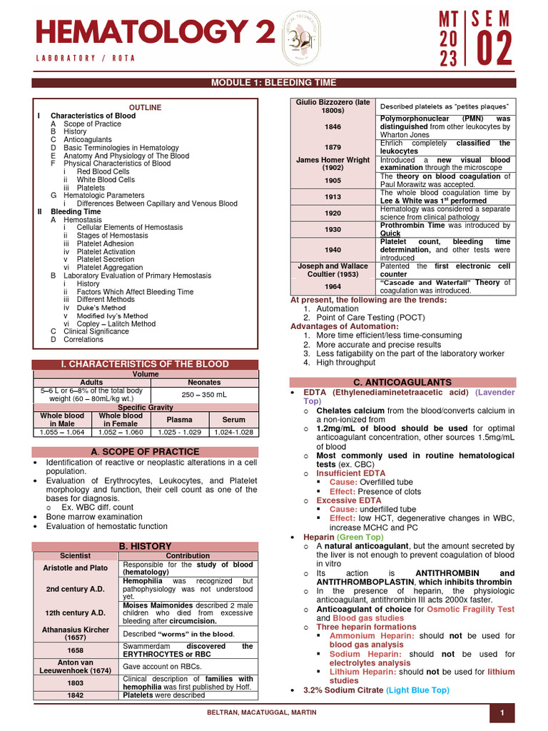Hema2Lab M1 | PDF | Platelet | Bleeding