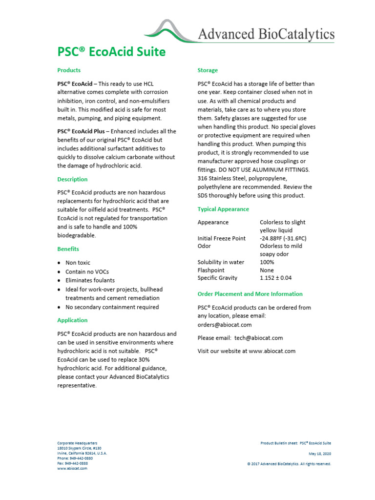 PSC EcoAcid Suite Product Bulleting | PDF | Hydrochloric Acid | Acid