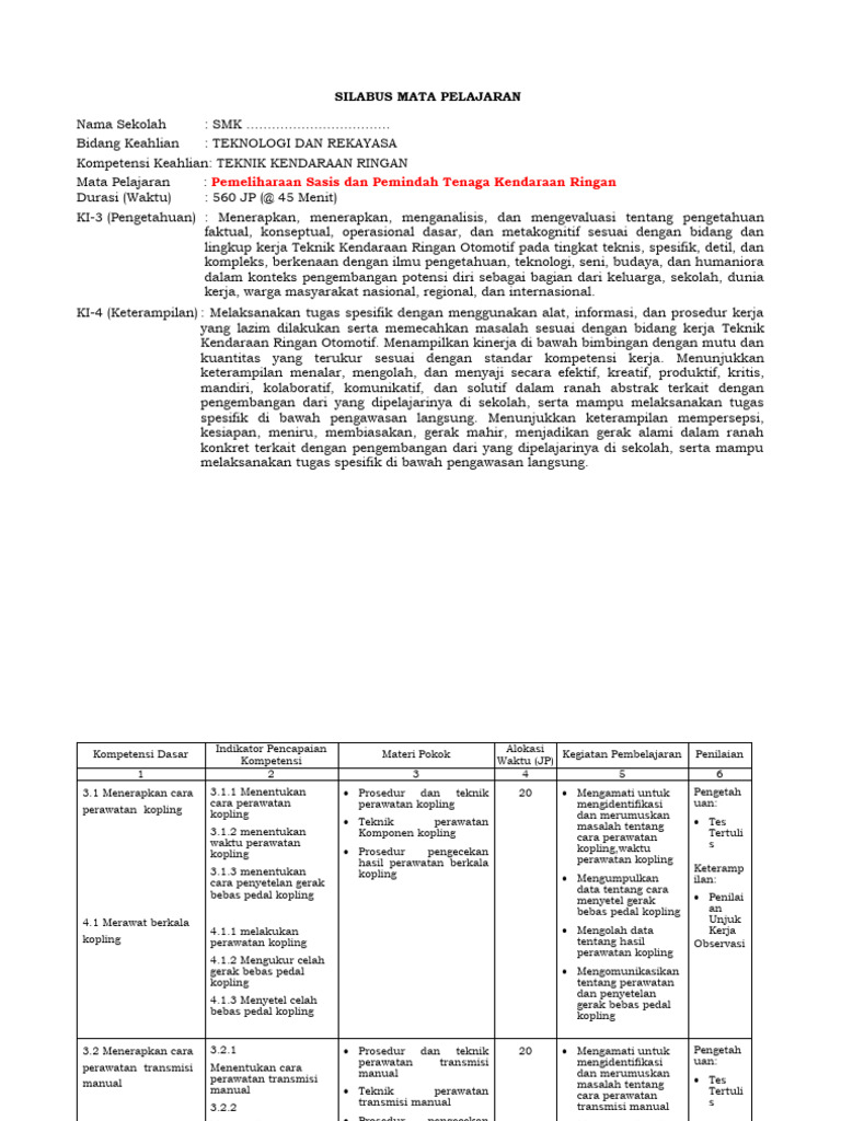 Silabus Tkro Pemeliharaan Sasis Dan Pemindah Tenaga Kendaraan Ringan | PDF