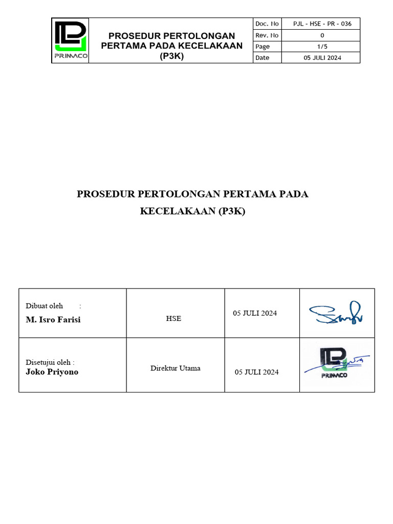 PR-036-Pertolongan Pertama Pada Kecelakaan (P3K) | PDF