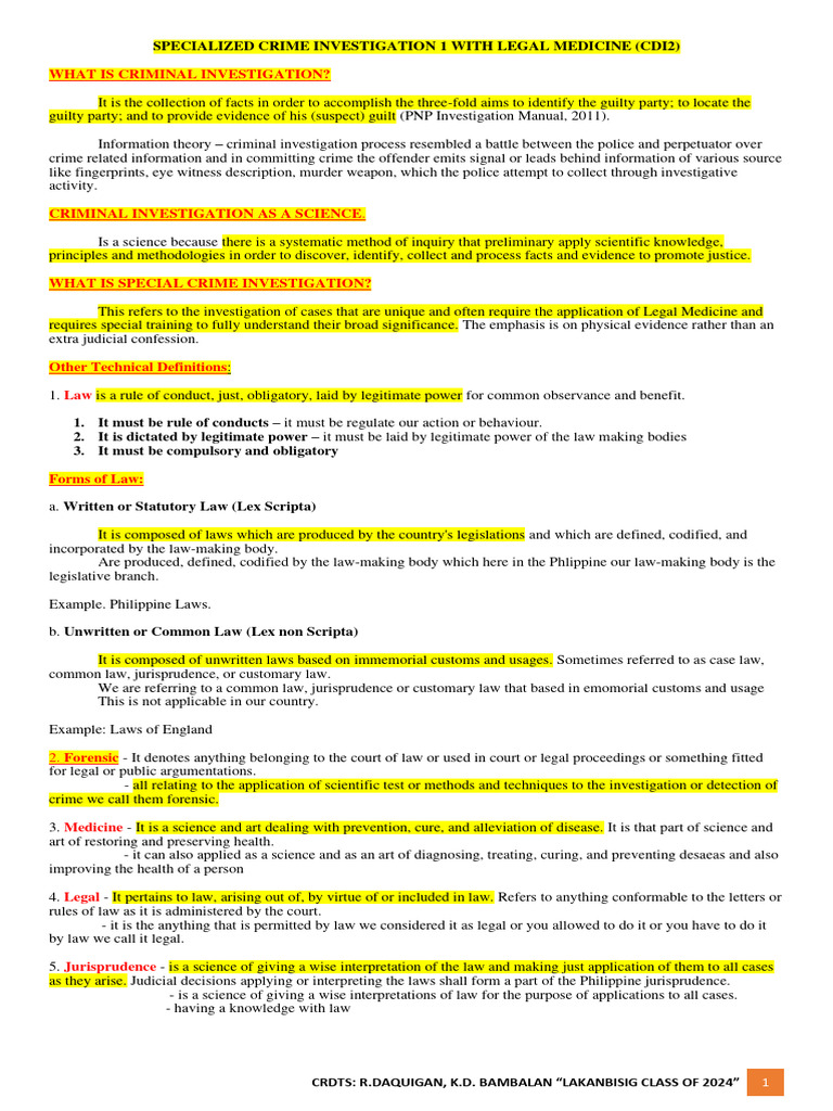 Specialized Crime Investigation 1 With Legal Medicine (CDI2) | PDF | Autopsy | Respiratory System