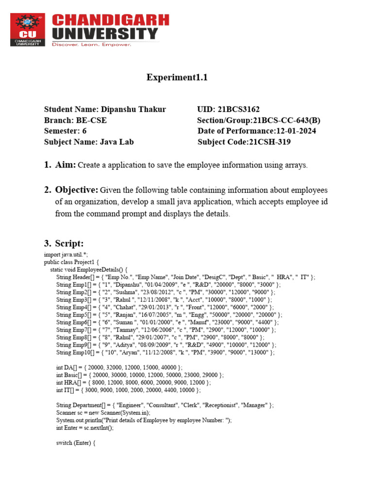 Create A Application To Save The Employee Information Using Arrays. | PDF | Object (Computer ...