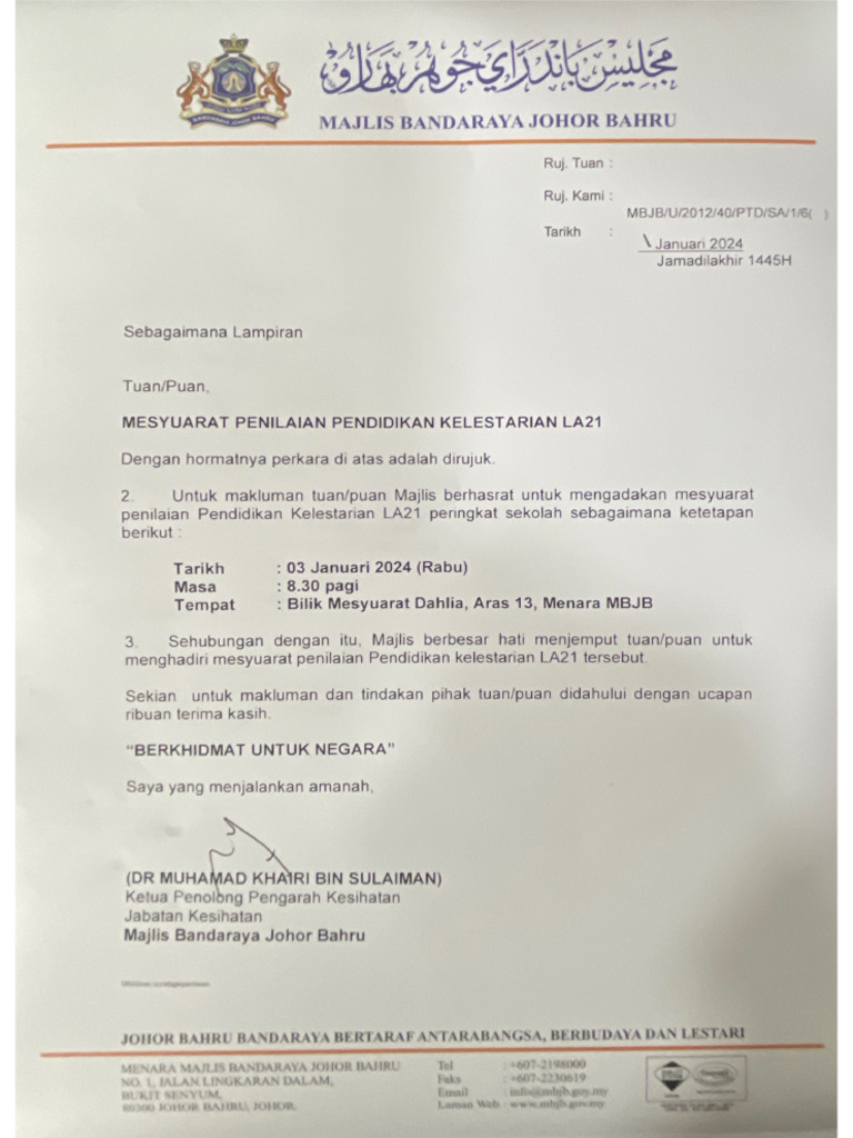 Surat 20240101 MBJB Penilaian La21 | PDF