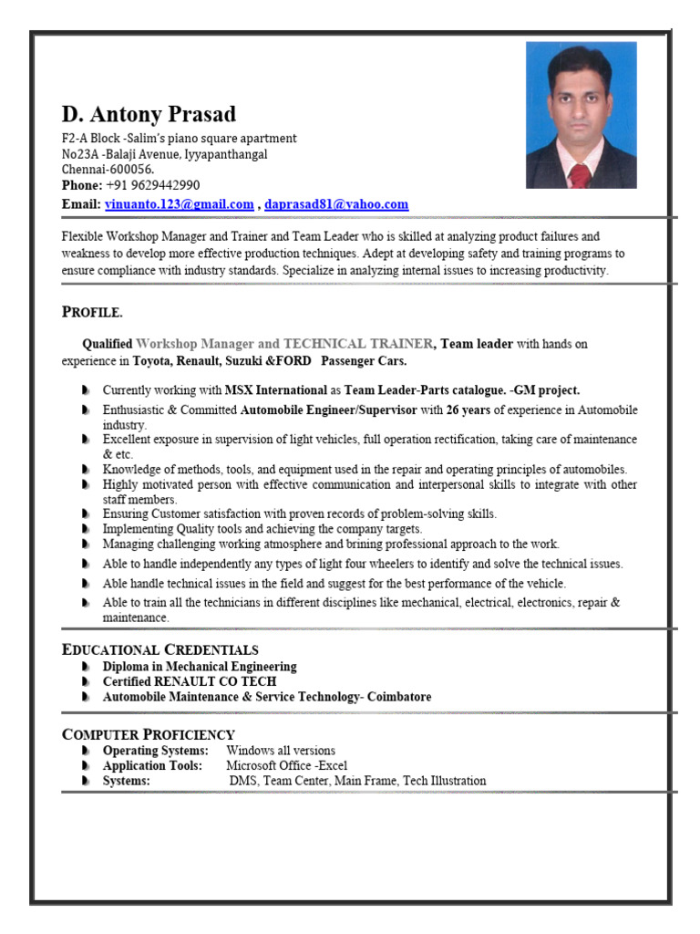 Antony Prasad CV New | PDF | Auto Mechanic | Car