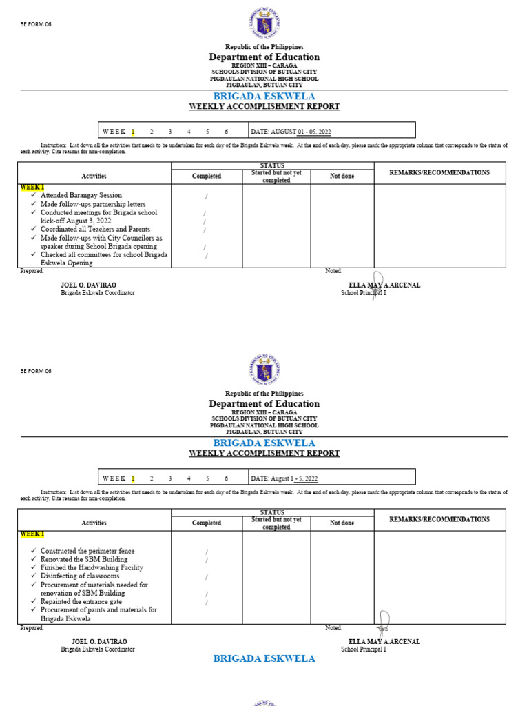Be Form 6 Weekly Accomplishment Report | PDF