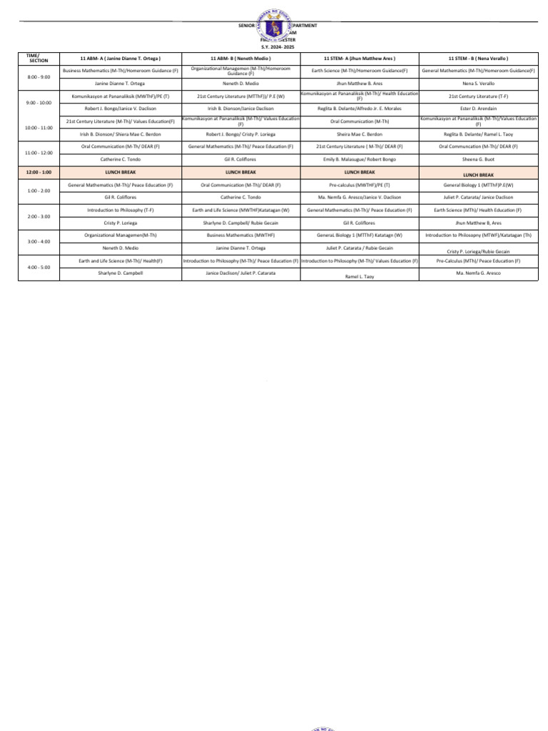 Senior High School Class Schedule 2024-2025 | PDF | Science